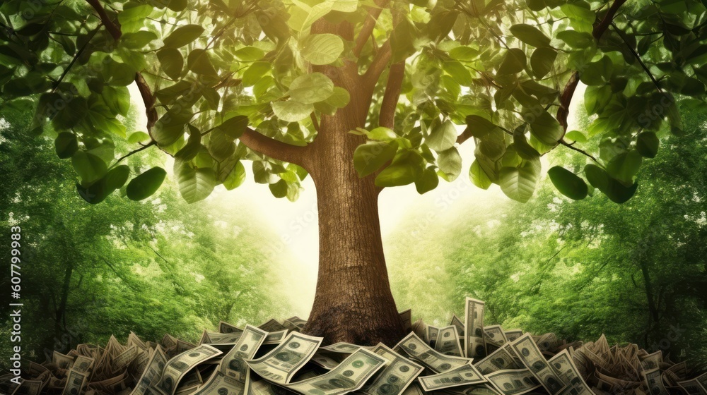 Money tree of good luck and Feng Shui made of banknotes in green forest ...