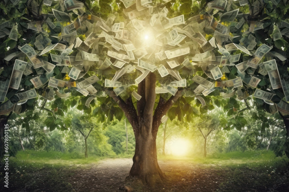 Money tree of good luck and Feng Shui made of banknotes in green forest ...