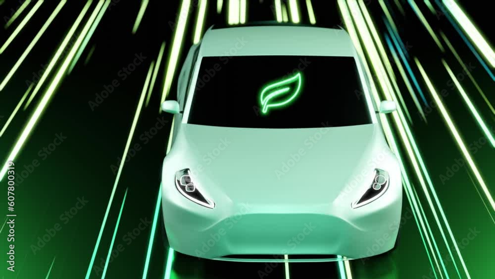 Electric car with leaf icon driving in speed light trail, clean green ...
