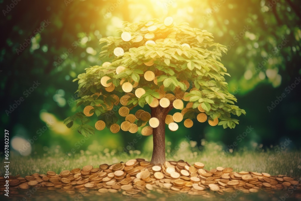 Money tree of good luck and Feng Shui made of golden coins in green ...