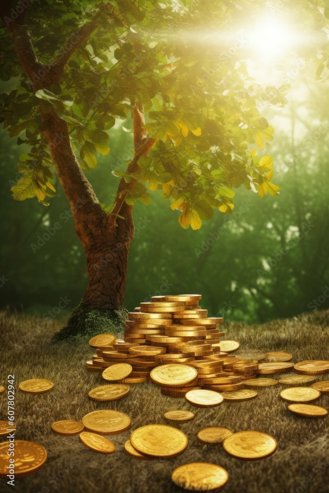 Money tree of good luck and Feng Shui made of golden coins in green ...