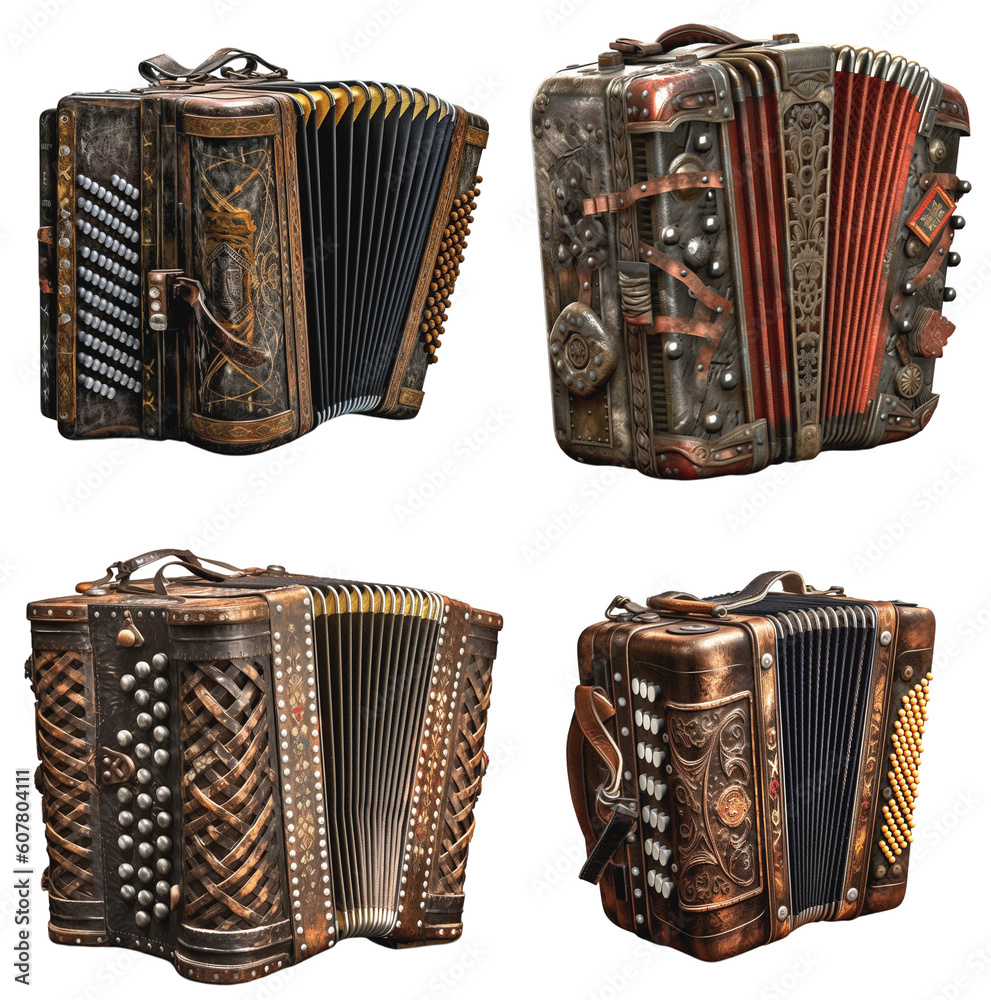 Four old and antique accordions on a transparent background, Generative ...