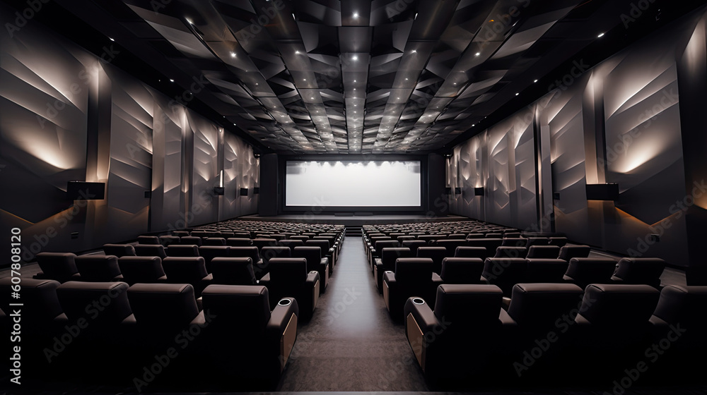Empty movie theatre interior with screen and seats. Generative AI Stock ...