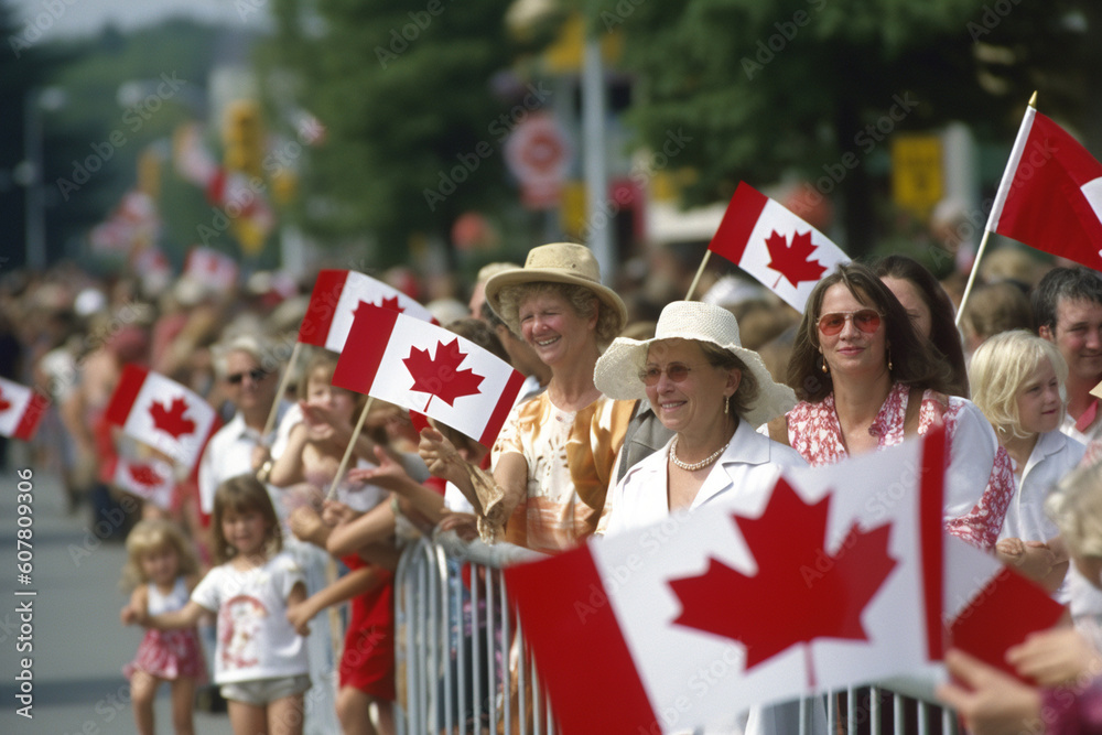 People participating in a parade, waving Canadian flags, Canada Day ...