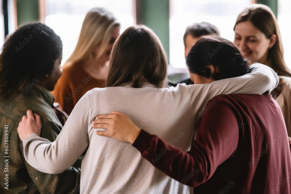 Candid group of people hugging in a circle at a therapy session ...