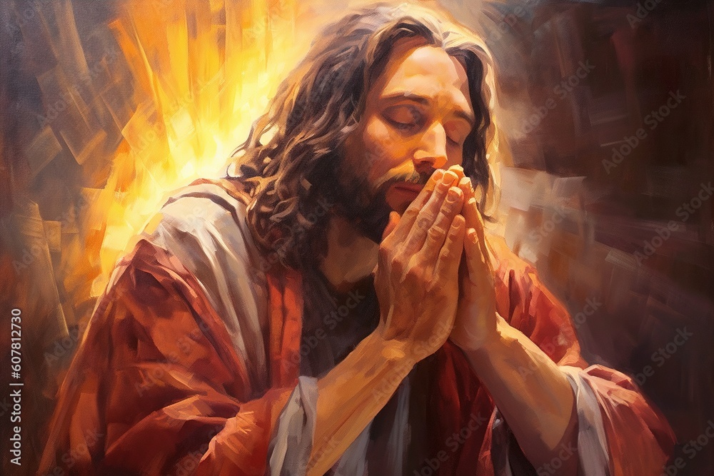 AI illustration. portrait religieux de Jésus en prière, aspect peinture ...