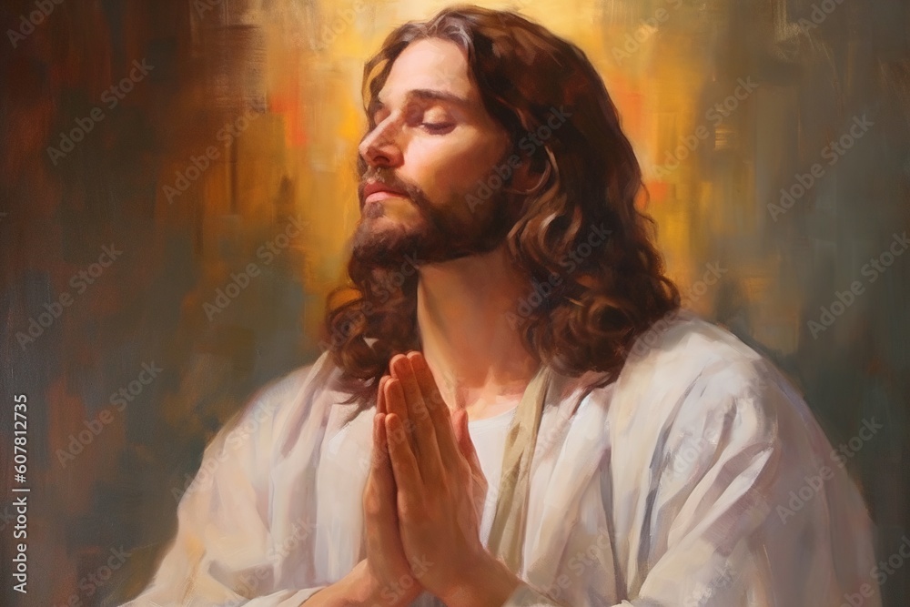 AI illustration. portrait religieux de Jésus en prière, aspect peinture ...