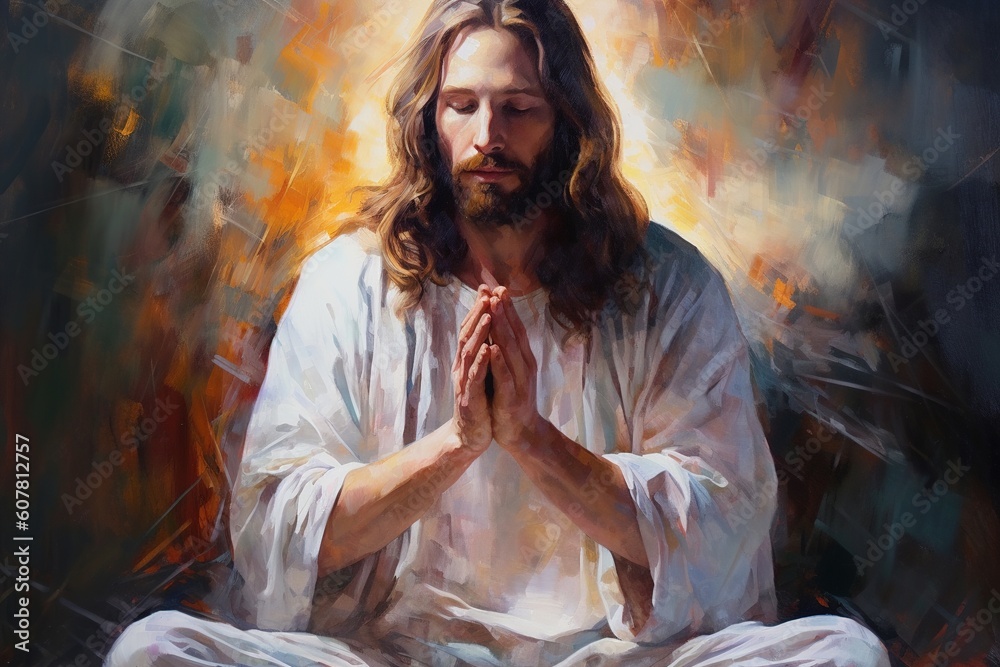 AI illustration. portrait religieux de Jésus en prière, aspect peinture ...