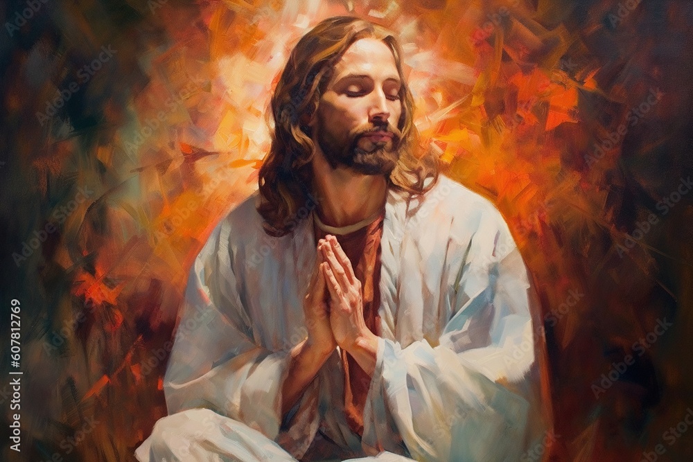 AI illustration. portrait religieux de Jésus en prière, aspect peinture ...