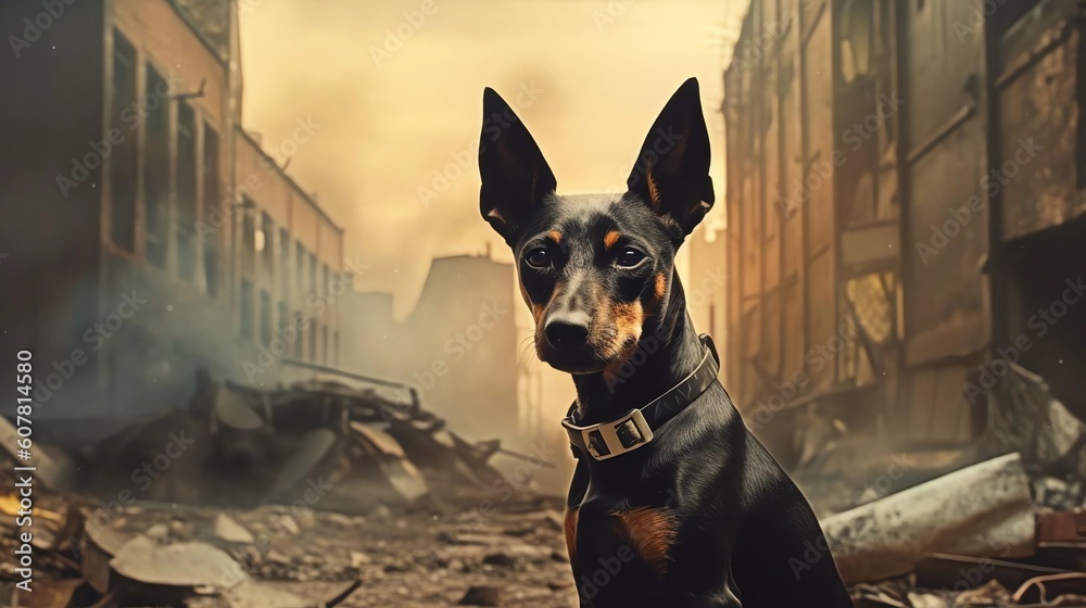 Dog sitting in the dirt, super realistic, shocking city background ...