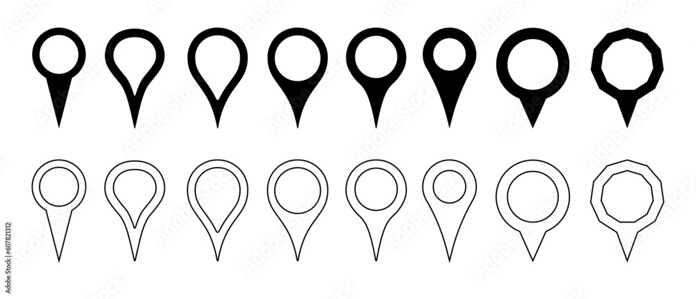 Black location pin marker vector set. Pinpoint outline stroke ...