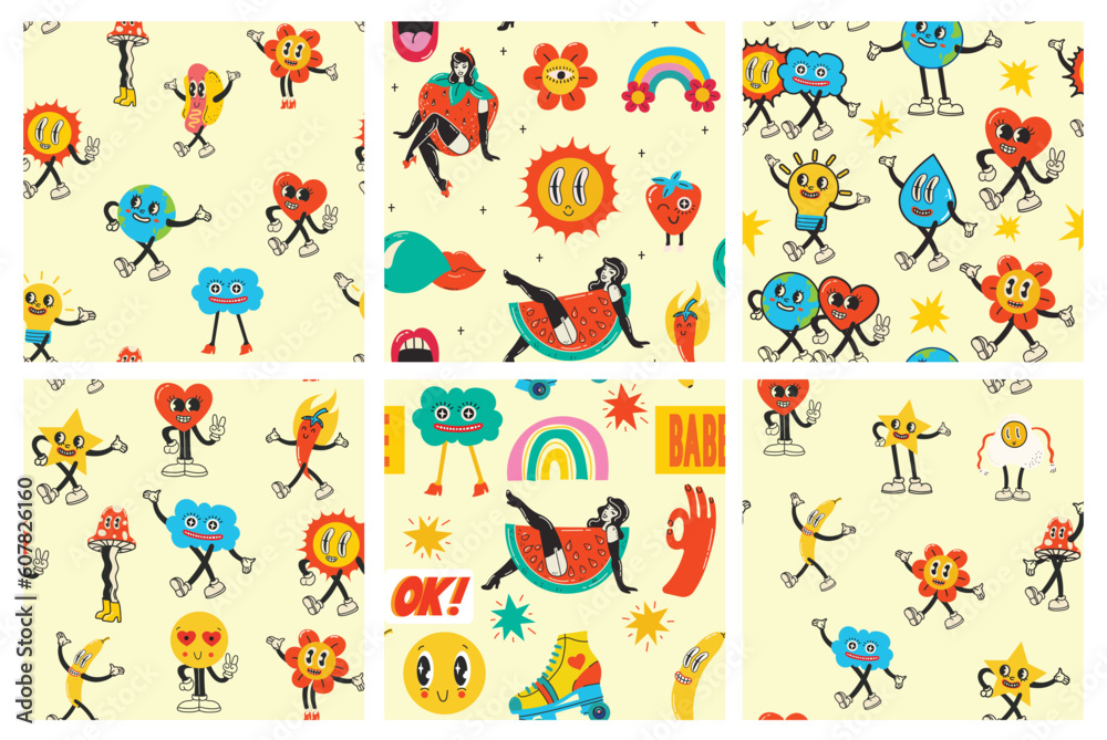 Colorful funny happy face label seamless pattern set. Collection of ...