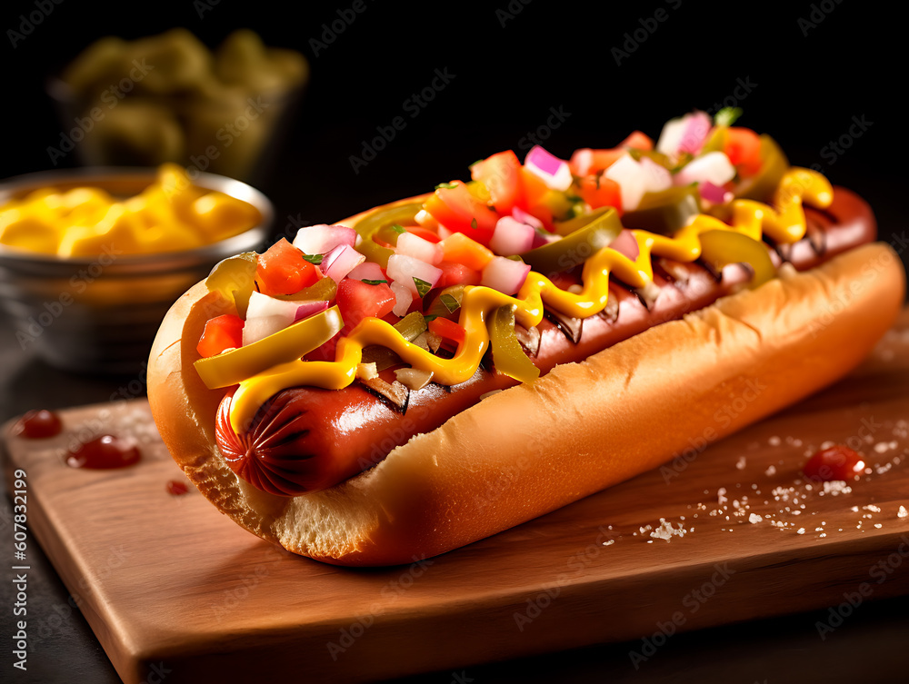 Big hot dog Chicago style. Traditional street food. American hot dog ...