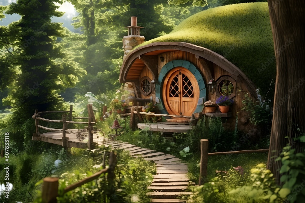 wooden hobbit house in the middle of a green forest. generative AI ...