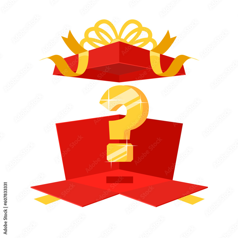 Red mystery gift box with a yellow ribbon on white background. Random ...