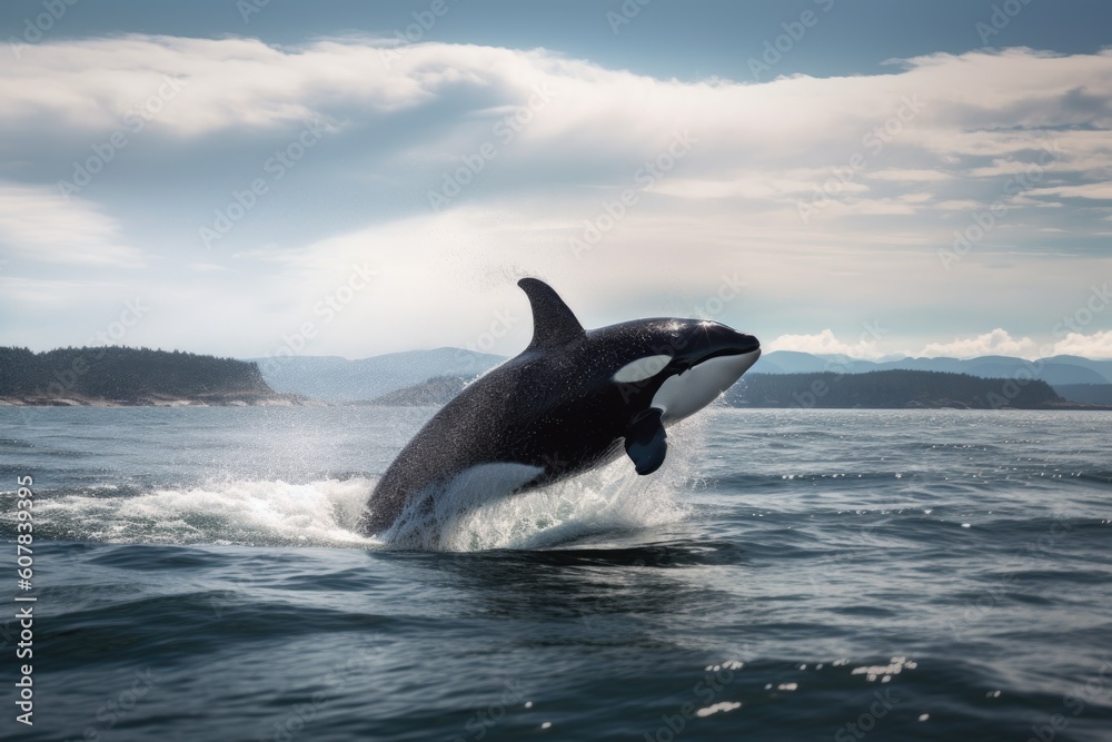 orca breaching in the open ocean, creating a splash, created with ...