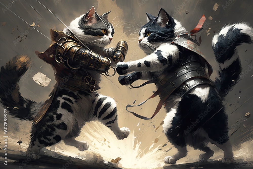 Furious fluffy cats in fighting in the boxing stadium, theme of vintage ...