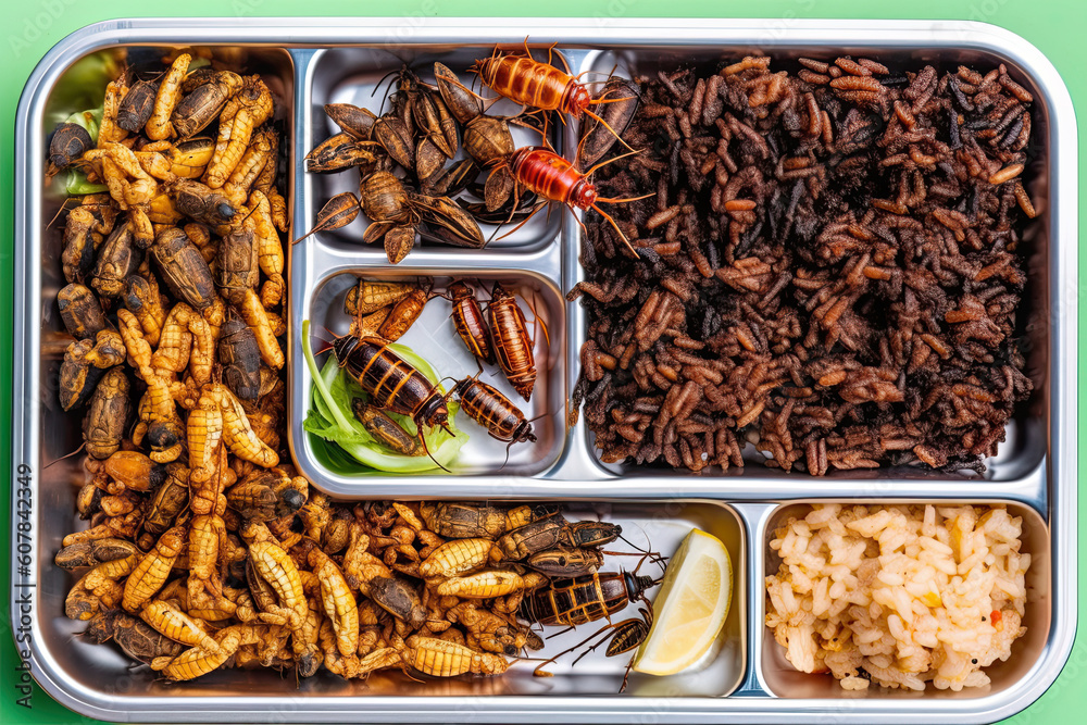Overhead shot school lunch tray of cooked insects and bugs school food ...