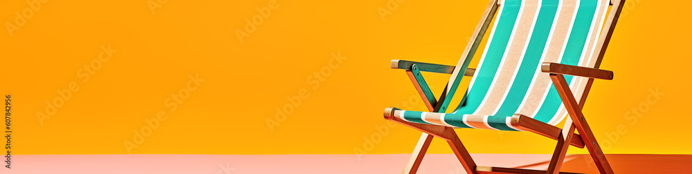Striped beach chair over vivid yellow background with copy space ...
