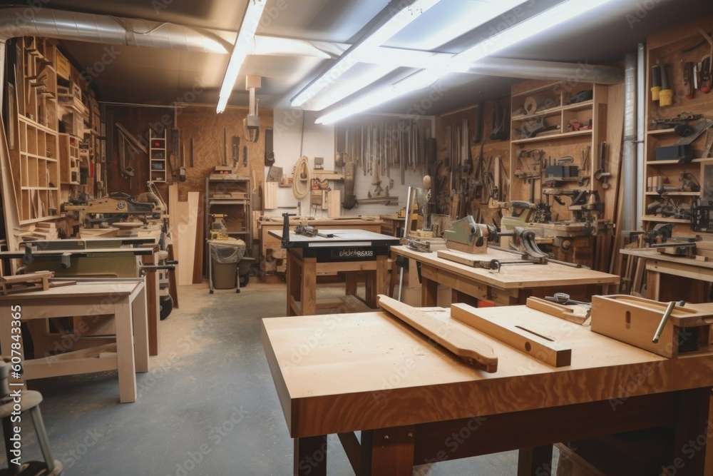 woodworking and carpentry workshop, with saws, planes, and other tools ...