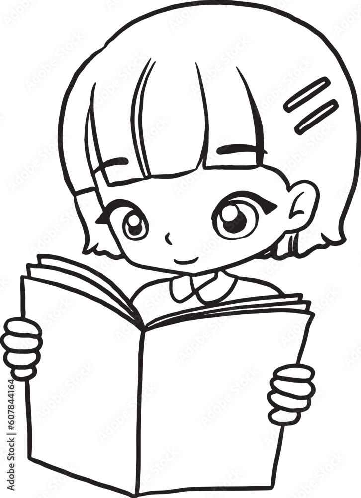 young girl reading a book drawing cartoons doodle kawaii anime cute ...