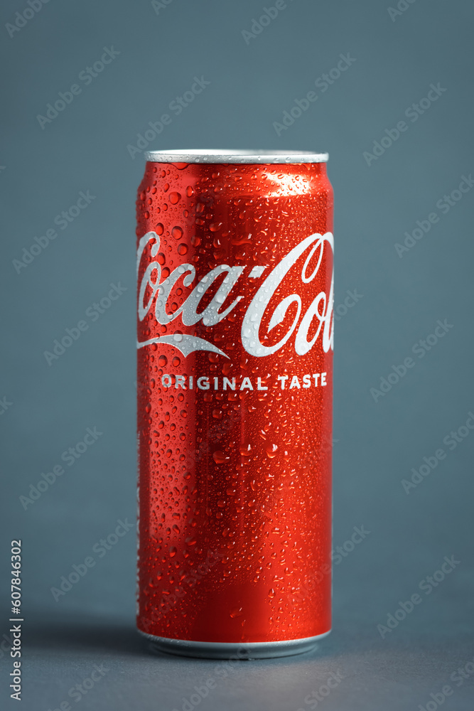 KYIV, UKRAINE - May 09: Close up shot of classic Coca-Cola red can on ...