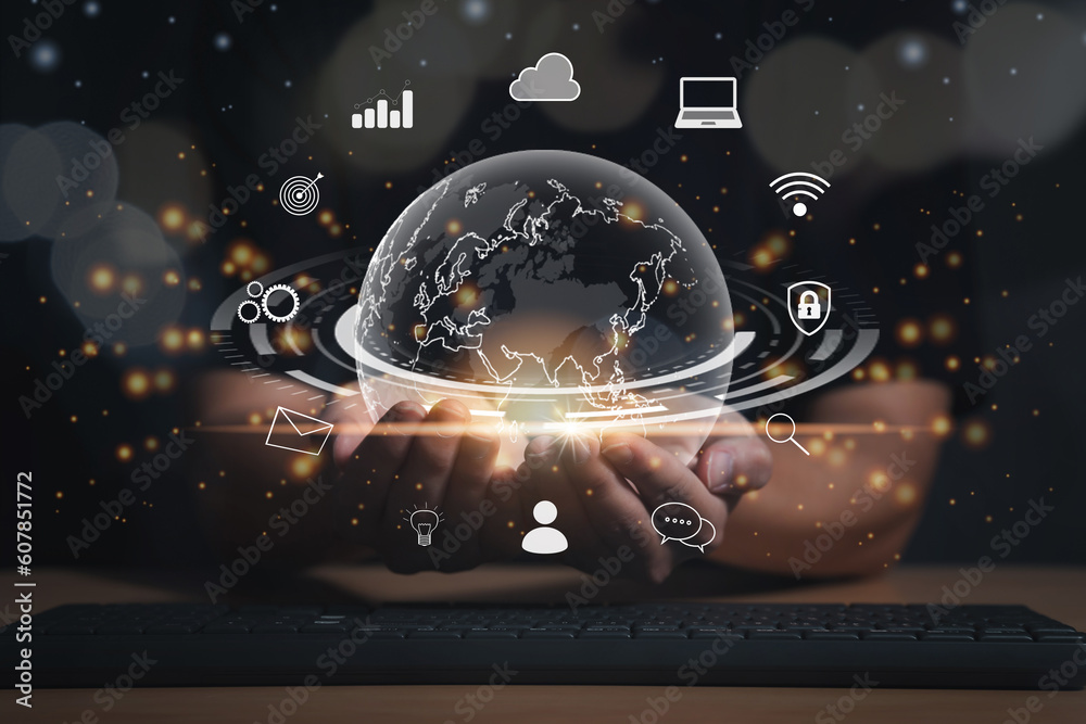 Man Hand holding virtual Global with technology and business icon for ...