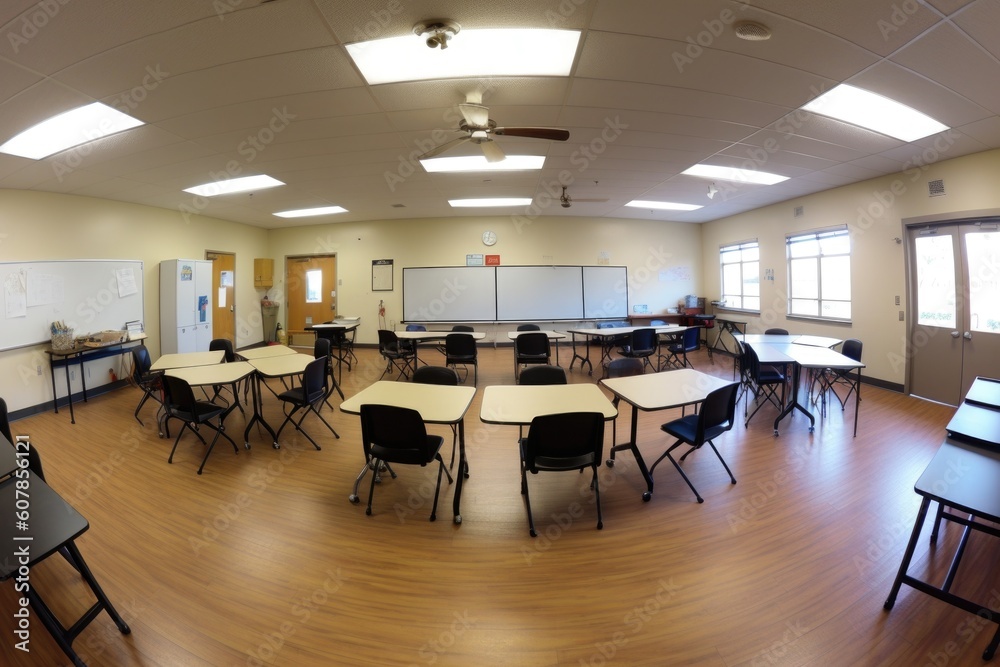 empty classroom with desks arranged in a circle for collaborative ...