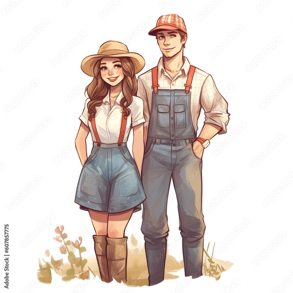 Farmer uniform cartoon hand draw isolated, man and woman model Stock ...