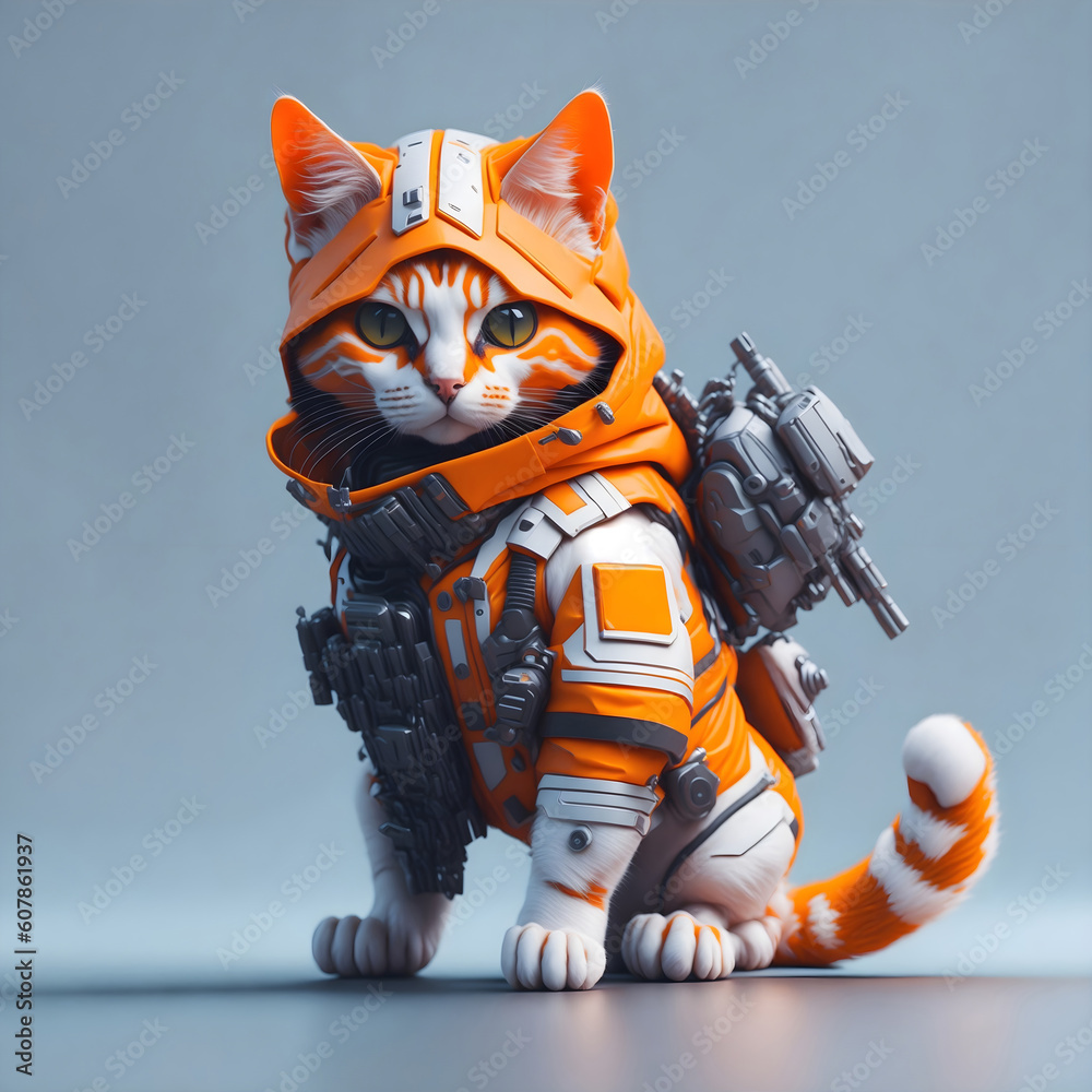 isometric view of a mini cute hyper realistic futuristic soldier cat ...