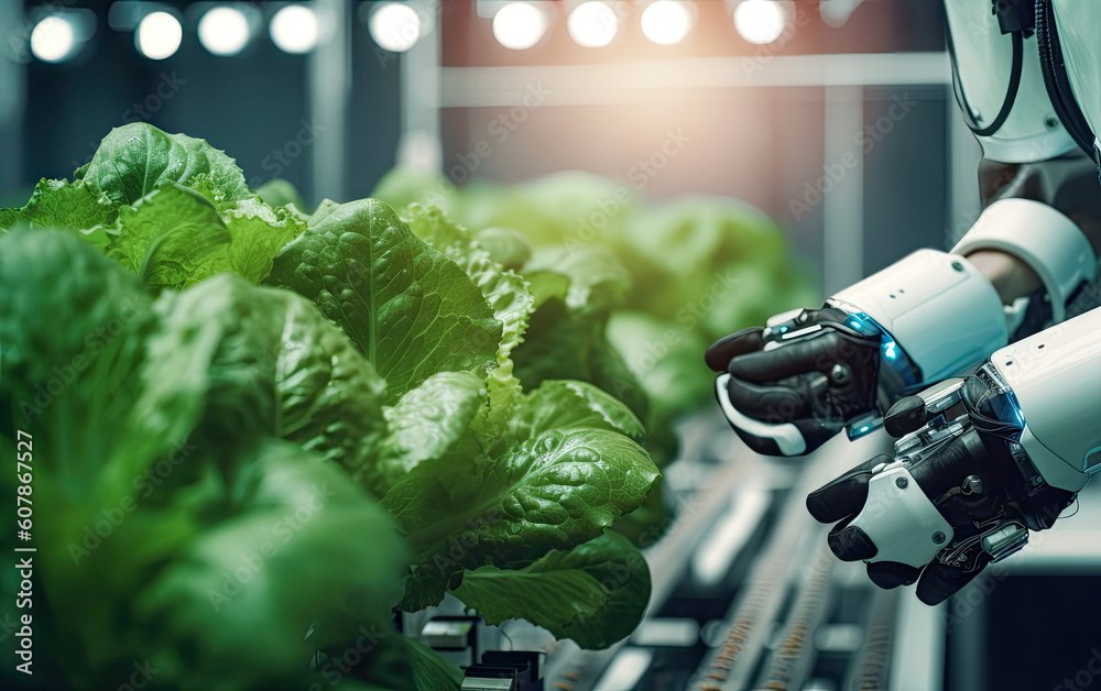 A robotic machine harvests and cares for plants in a greenhouse. Modern smart farming ...