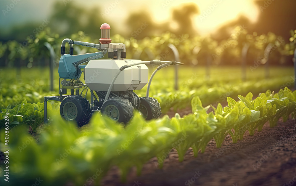 A robotic machine harvests and cares for plants in a greenhouse. Modern smart farming ...