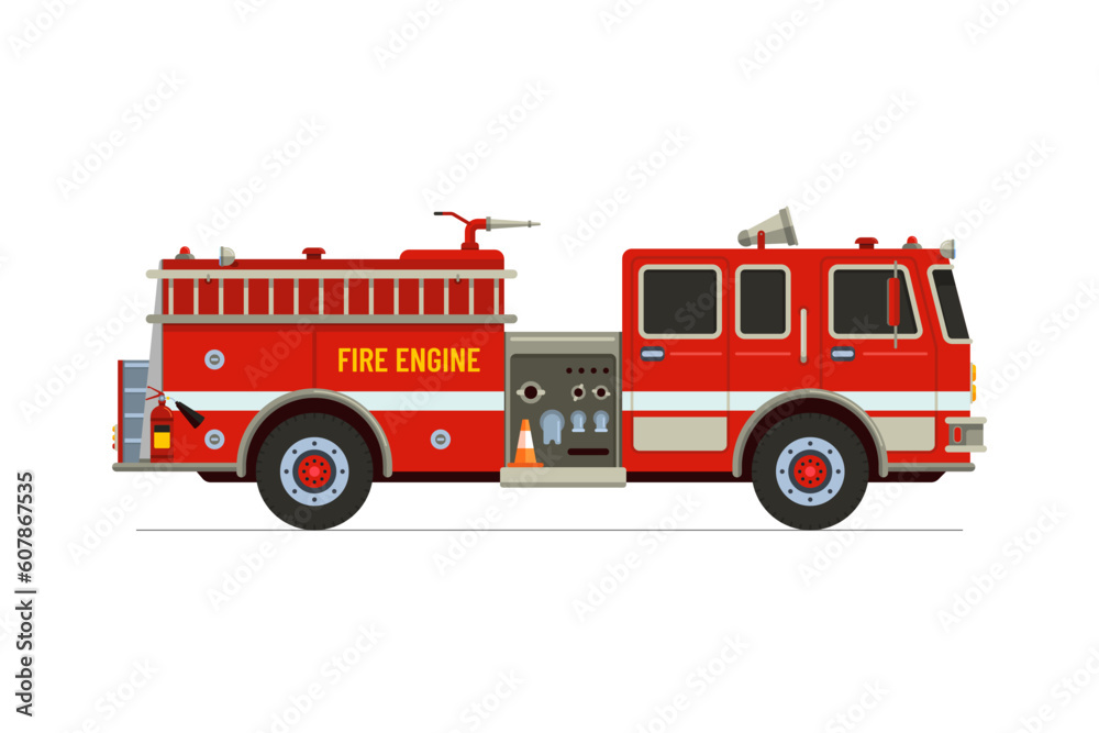 Fire engine truck front view. Firetruck car with Siren alarm and water ...