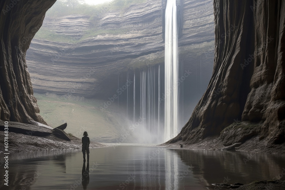 alien, looking at towering waterfall, with its reflection visible in ...