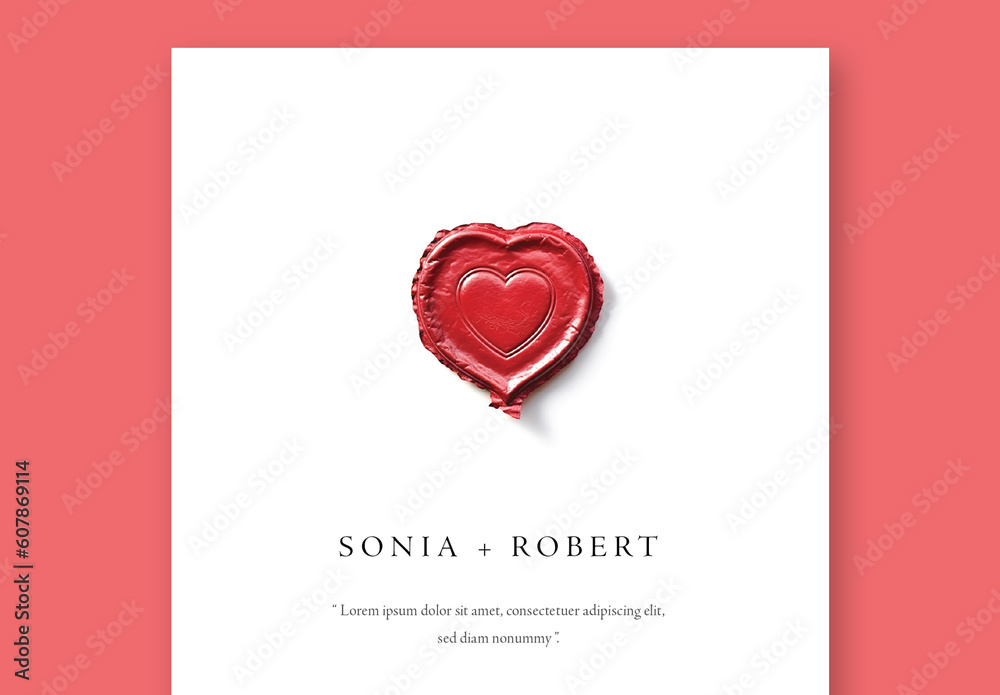 Wedding Invitation Layout With Red Stamp In Shape of Heart and ...