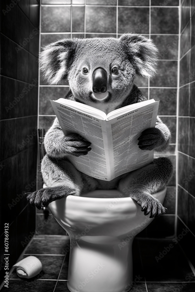 koala sitting on the toilet reading a newspaper, generative ai, animal ...