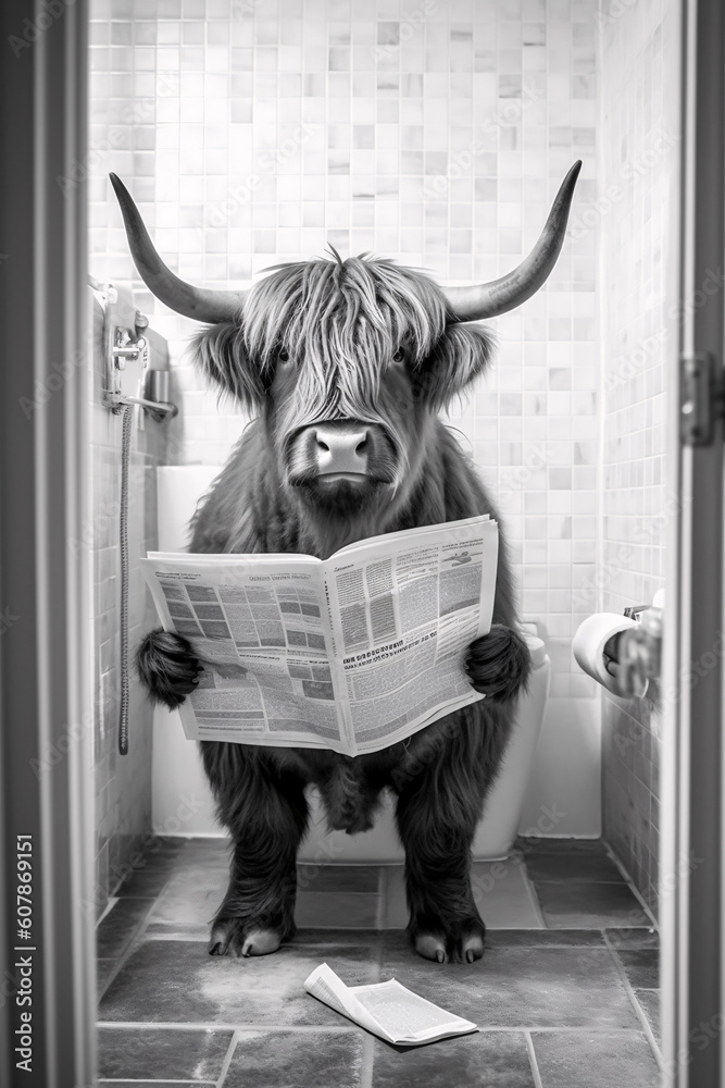 Highland Cow Sitting On The Toilet Reading A Newspaper Generative Ai
