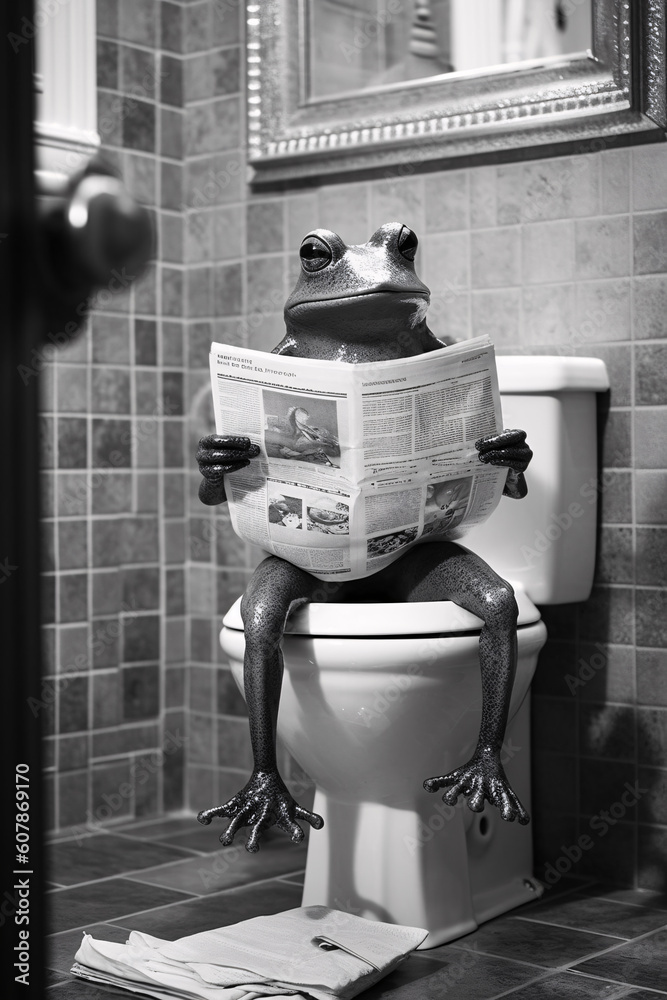 Frog sitting on the toilet reading a newspaper, generative ai, washroom ...