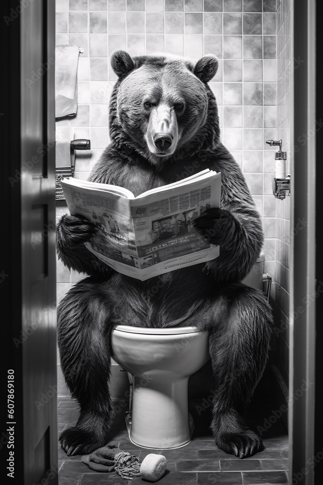A grizzly bear sitting on a toilet reading a newspaper, generative ai ...