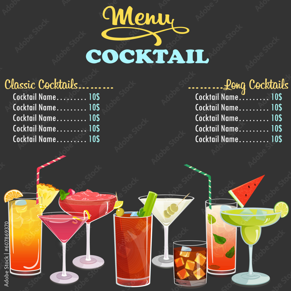 Cocktail menu design with cocktail glasses. Vector image EPS10. Stock ...