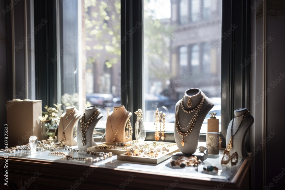 a jewelry display in a window with natural light, showing off the ...