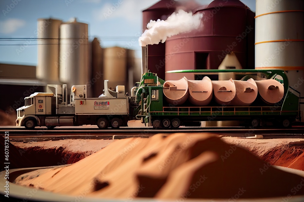 pulp and paper mill, with raw materials being transported to the ...