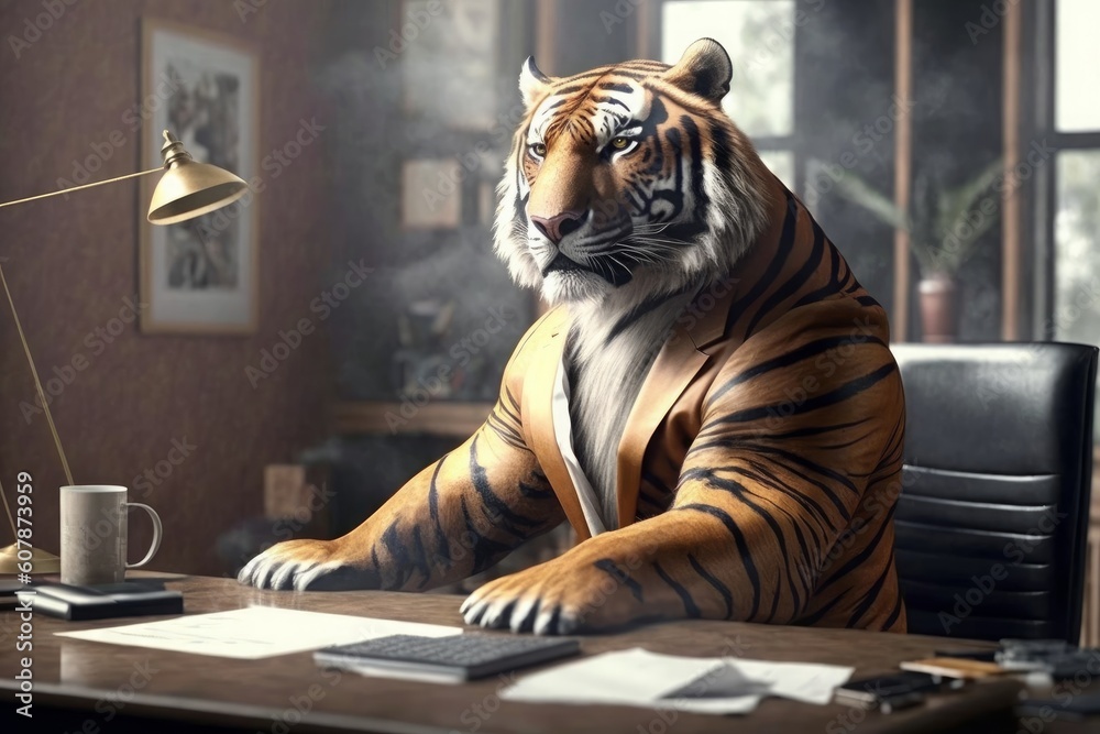 Bengal Tiger businessman in a stylish classic suit in the office ...
