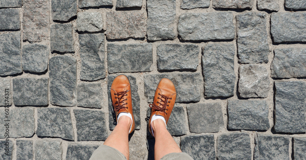 Cobblestone street travel man shoes selfie foot walking pavement stone ...