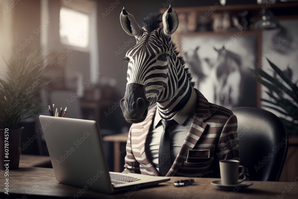 zebra businessman in a stylish classic suit in the office, animal boss ...