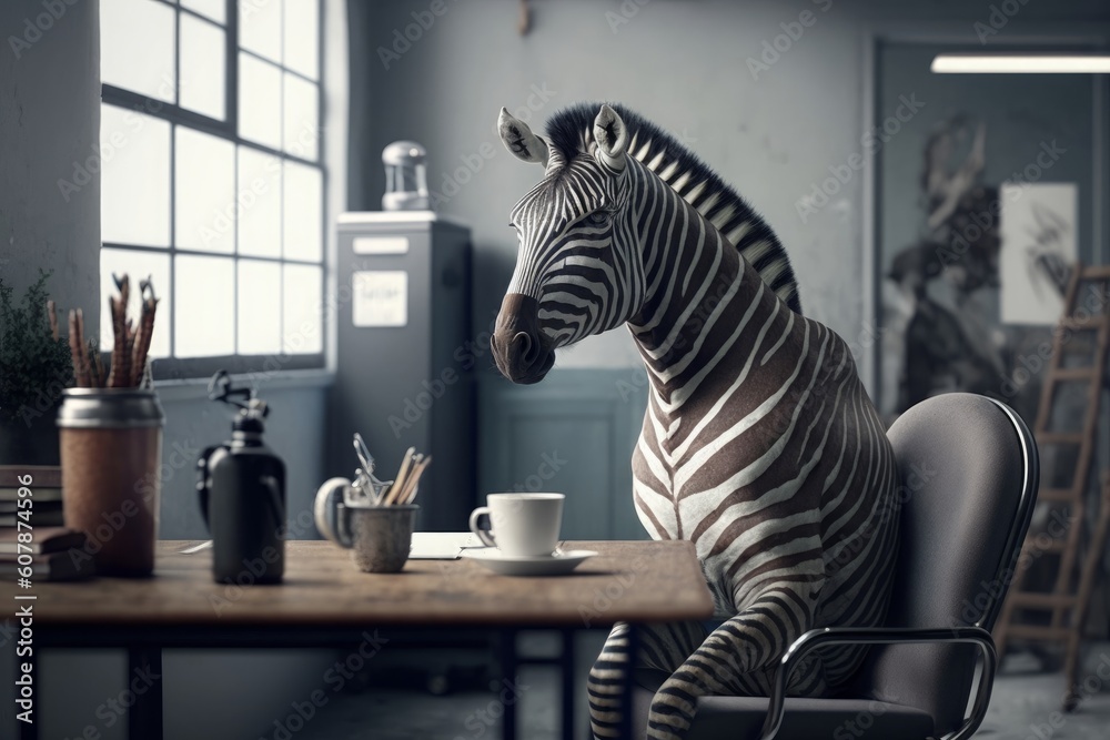 zebra businessman in a stylish classic suit in the office, animal boss ...