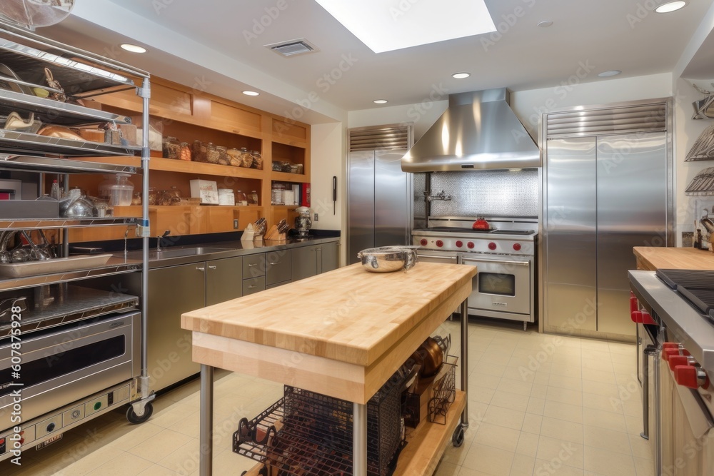 kitchen with custom-built cooking stations and rolling carts for easy ...