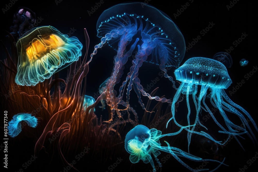 deep-sea creatures swimming and interacting with each other in vibrant ...