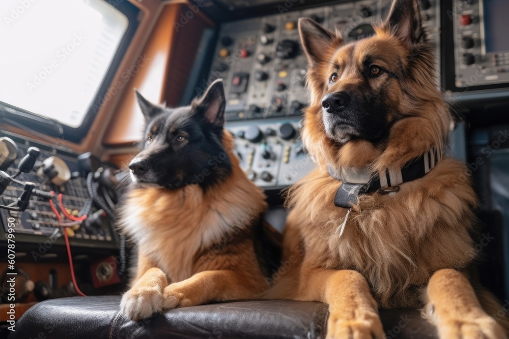 cat and dog team, working together in the cockpit, with furry paws on ...