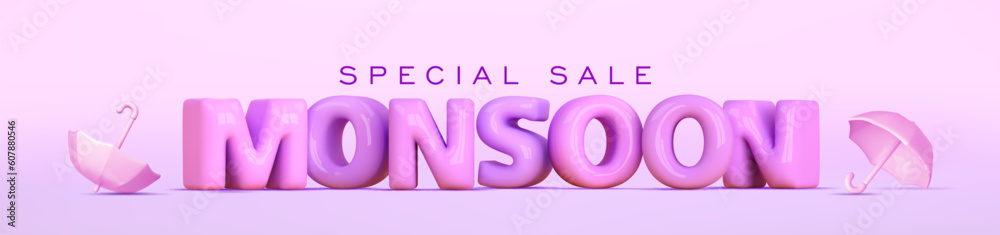 Monsoon season rain sale banner. 3d balloon monsoon text and 3d ...